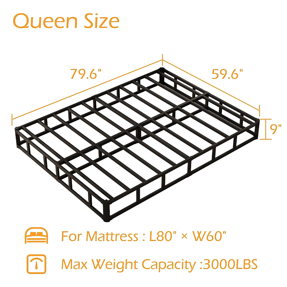Maenizi 9 Inch Box Spring for Queen Bed, Heavy Duty Metal Box Spring Bed Base with Fabric Cover, Mattress Foundation, Easy Assembly, Noise Free, Black