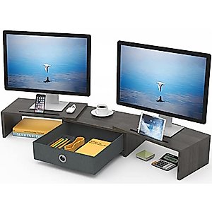 WESTREE Dual Monitor Stand Riser with Drawer, 3 Shelf Computer Monitor Riser with Adjustable Length and Angle, Desktop Monitor Stand Riser Storage Organizer for 2 Monitors