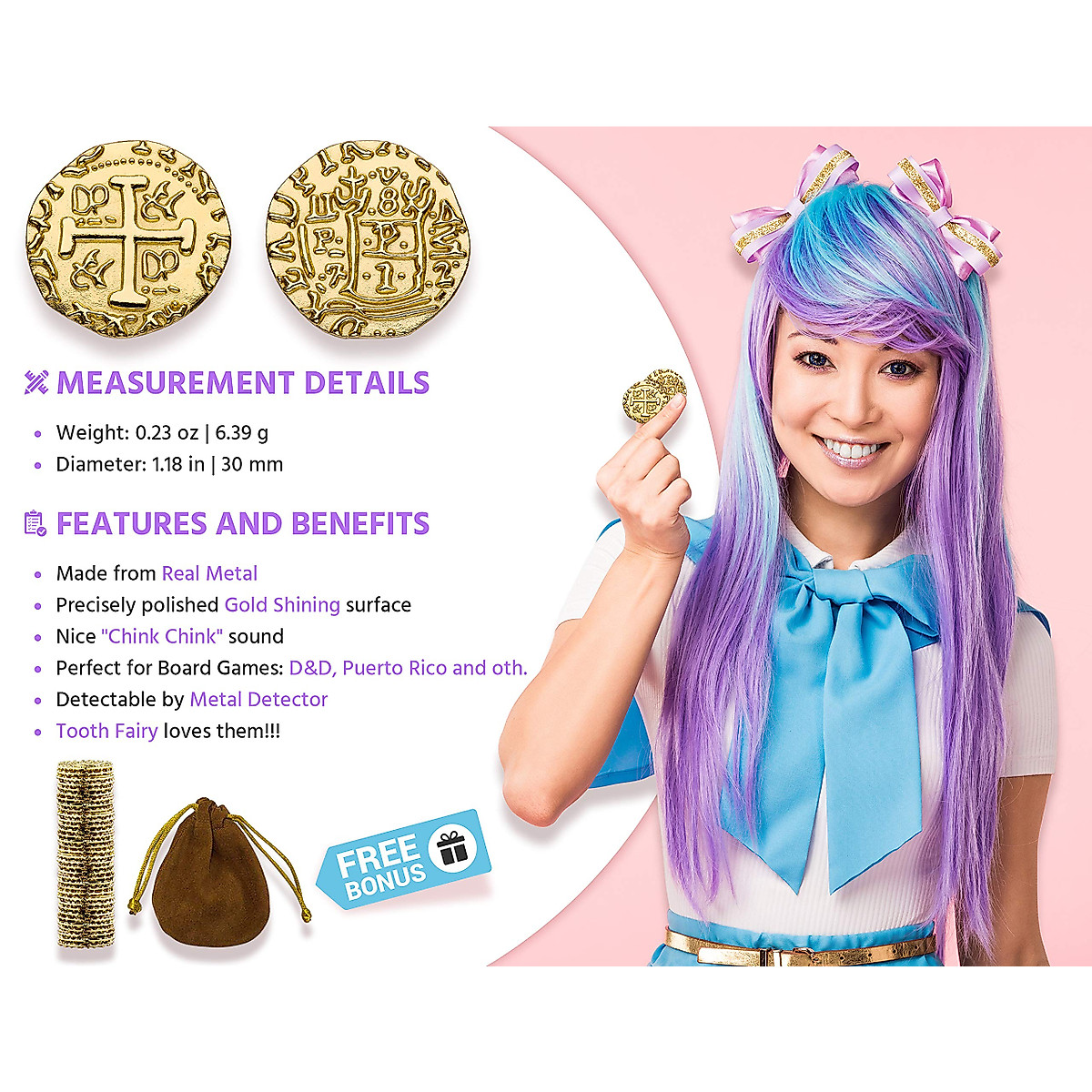 Leib Games Premium Metal Pirate Coins -35 X Large Pirate Gold Coins for Kids, Fake Gold Coins, DND Coins, Metal Coins, Fantasy Coins, Tokens - Diameter: 1.18"