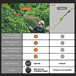 VEVOR Pole Cordless Hedge Trimmer, 20V Electric Bush Trimmer Kit with 18 inch Double-Edged Steel Blade, 74"-94" Telescoping Design for High Branches(2.0Ah Battery & Fast Charger Included)