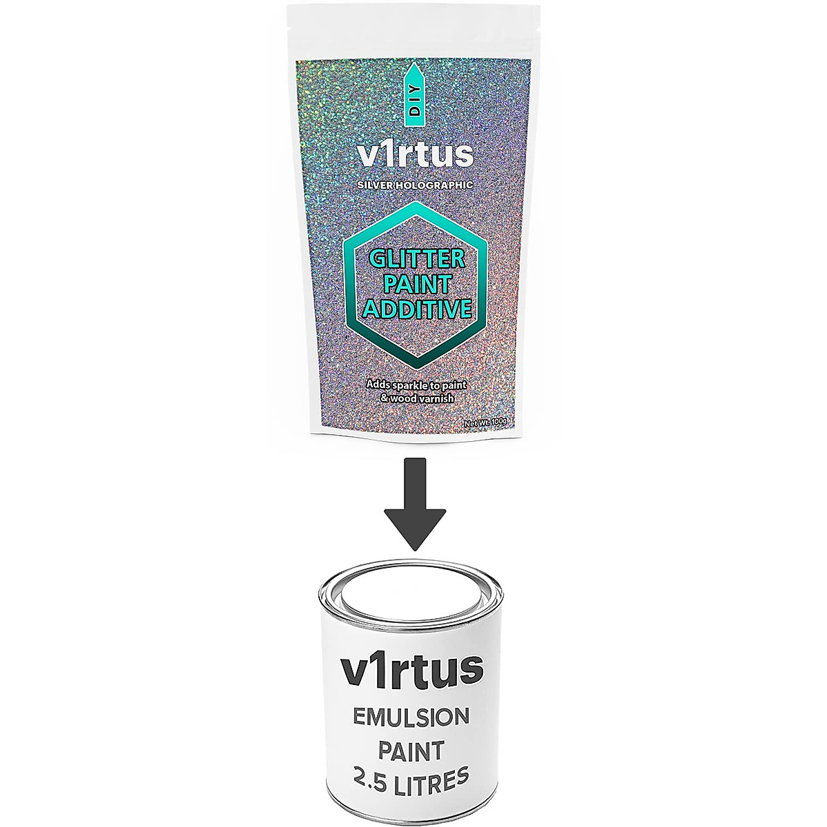 v1rtus Silver Holographic Glitter Paint Additive [400g] with 4X Finishing Buffing Pads for Painting Glitter Walls - Add to Latex Paint, Interior or Exterior for Easy Glitter Sparkle Walls, Ceilings