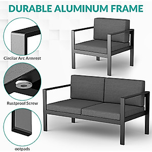 WOAJNQO Aluminum Patio Furniture Set 4 Pcs Outdoor Couch with Coffee Table Patio Conversation Sets Loveseat Patio Sectional Chat Sofa with Cushions for Lawn, Garden,Balcony,Backyard and Deck (Grey)