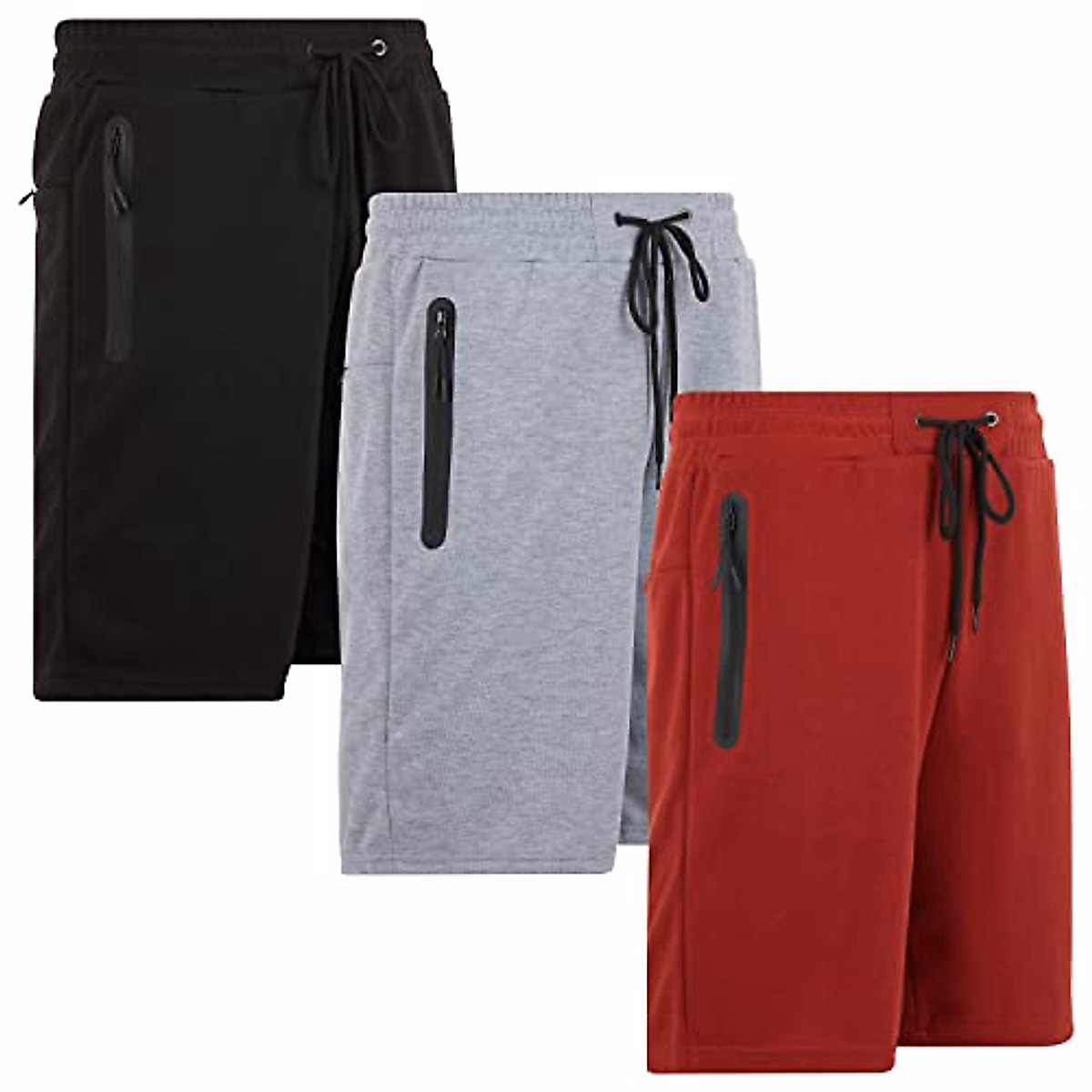 PURE CHAMP Mens Shorts 3 Pack Tech Fleece Gym Shorts for Men Athletic Workout Shorts with Zipper Pocket and Drawstring Size XS-3XL(SET-02 L)