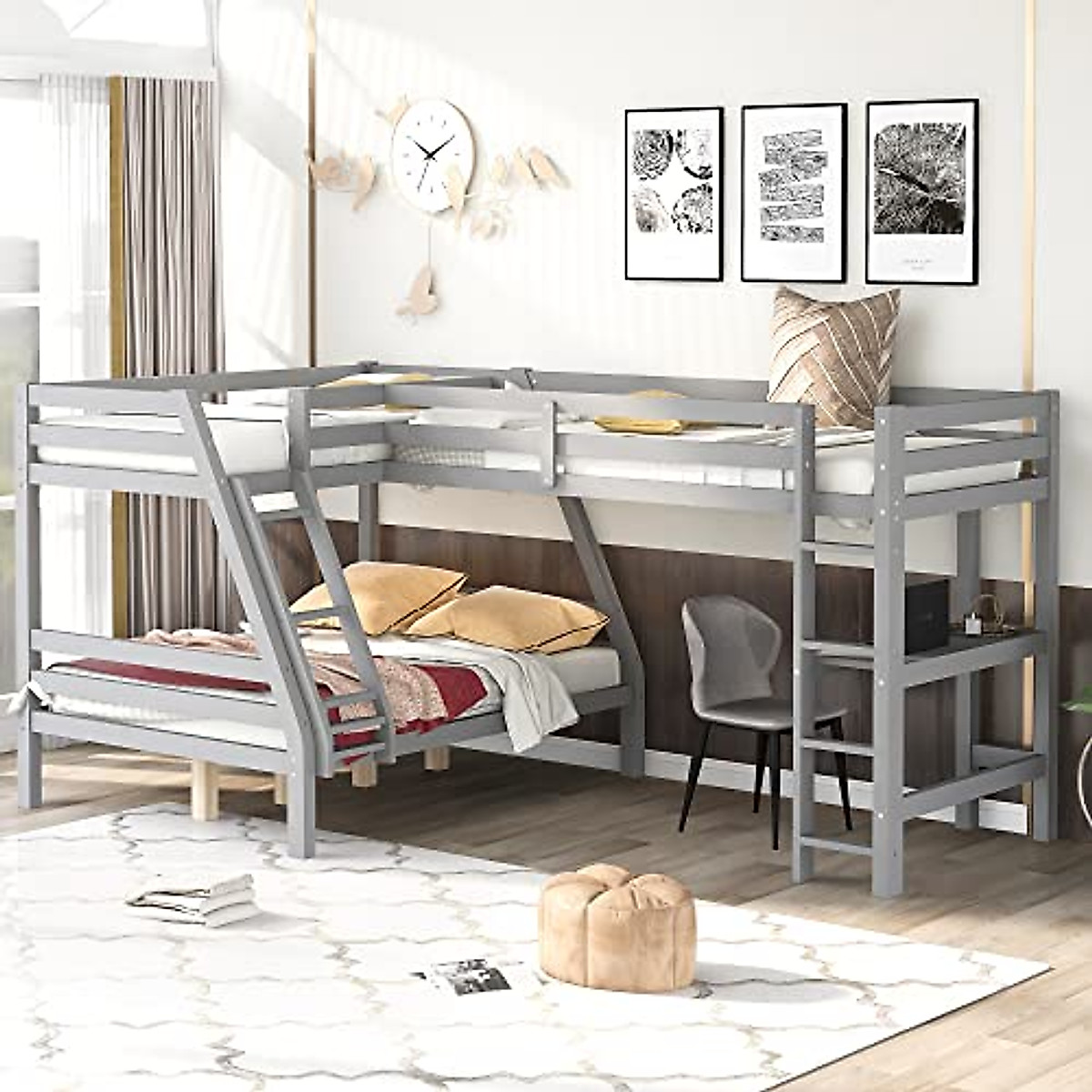 Wood L-Shaped Bunk Beds with Desk, Twin &Twin Over Full Bunk Bed Frame for 3 People with Guardrails and Ladder for Kids Boys Girls Teens Adults Bedroom Dorm