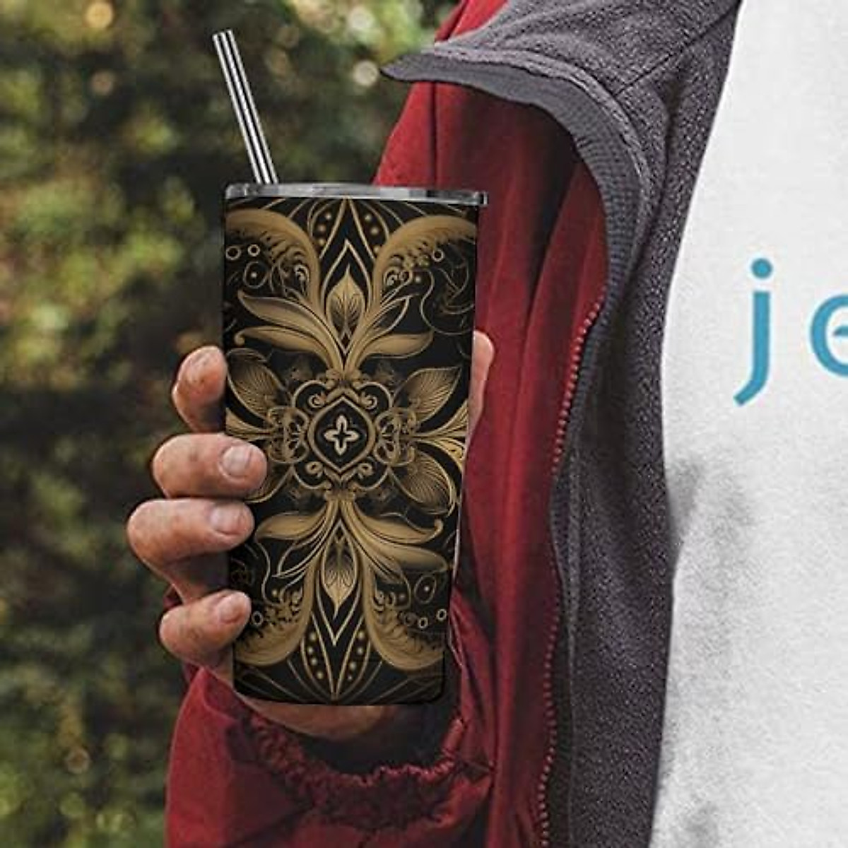 FHENMSA Stainless Steel Insulated Travel Coffee Mug,Black And Golden Pattern Print Reusable Car Cup,Thermal Cup for Outdoor with Straw And Lid