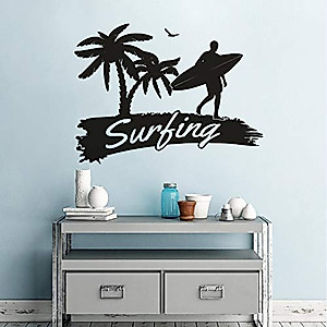 Vinyl Wall Art Surfing Wall Decal Gym Sports Boys Teenages Surf Board Palm Tree Wall Sticker Removable Wall Mural for Bedroom Living Room TM-62 (Black)