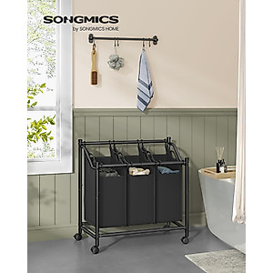 SONGMICS Laundry Sorter, Rolling Laundry Basket with 3 Removable Bags, Laundry Hamper, Laundry Cart, for Laundry Room, Bedroom, Bathroom, 3 x 11.9 Gallons, Ink Black URLS102B01