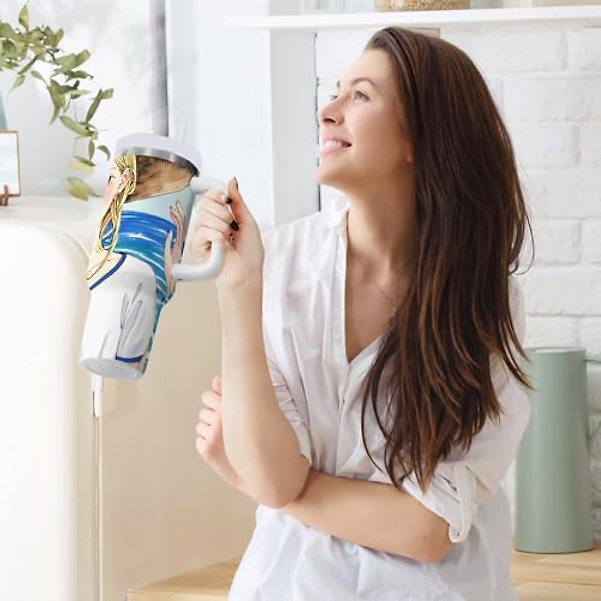 Nexawaveo Blonde Girl by Sea Tumbler With Handle And Straw 30-40oz Insulated Tumbler Cups With Lid Stainless Steel for Cold Water and Drinks for School Work Sports Car Travel and Weekends