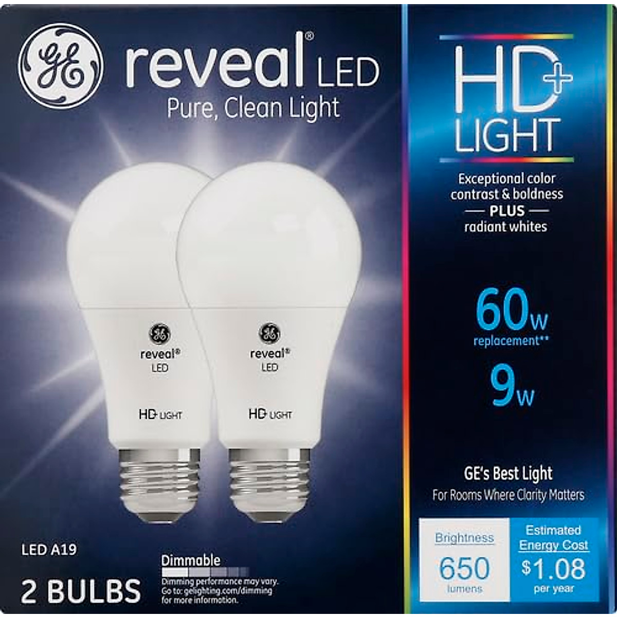 GE Lighting Reveal LED Light Bulbs, 9 Watt (60 Watt Equivalent) HD+ Light, Standard Bulb Shape, Medium Base, Dimmable (2 Pack), White