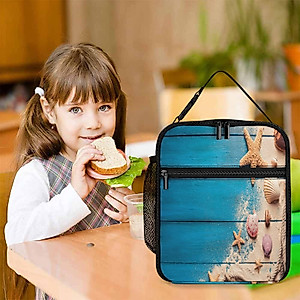 MINBHEBYUD Blue Wooden Board Starfish Shells Lunch Bag for Men Women, Insulated Lunch Bags for Office Work, Reusable Portable Lunch Box