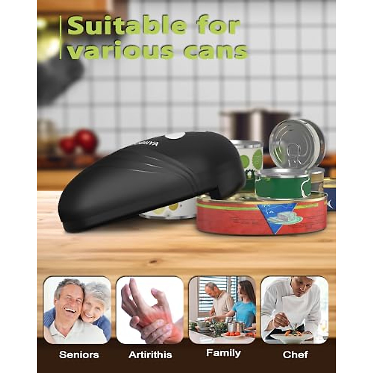 COOBIIYA Powerful Electric Can Opener, Rechargeable Can Opener Cordless for Seniors for Kitchen- Automatic Stop One Touch Can Electric Opener with Smooth Edge (Black)