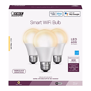 Feit Electric Smart Light Bulbs, 2.4 Ghz WiFi Light Bulbs, No Hub Needed, Works with Alexa and Google, Dimmable 60 Watt = LED 9W, OM60/927CA/AG/3, 2700K Soft White, 3 Pack