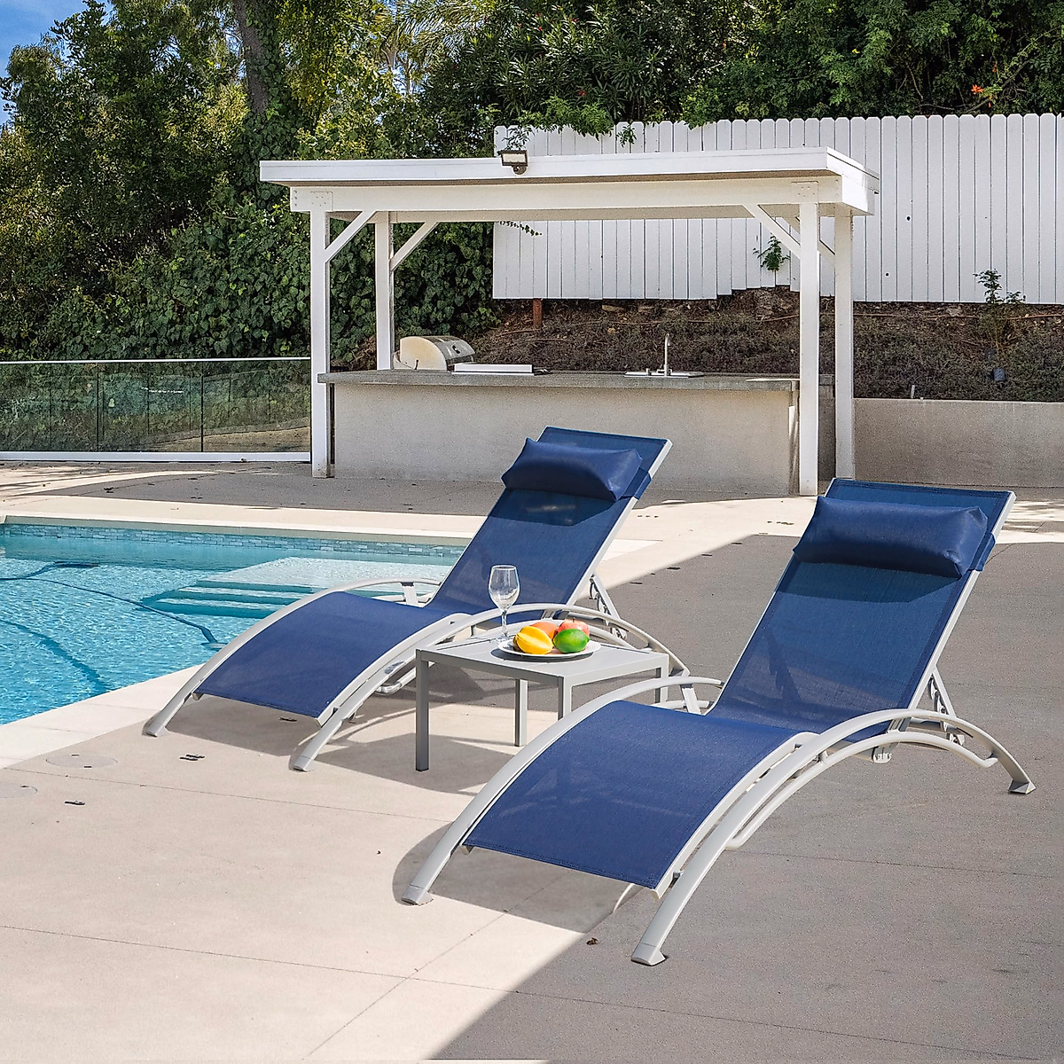 Domi Pool Lounge Chairs Set of 3, Adjustable Aluminum Outdoor Chaise Lounge Chairs with Metal Side Table, All Weather for Deck Lawn Poolside Backyard -Navy Blue Textilene