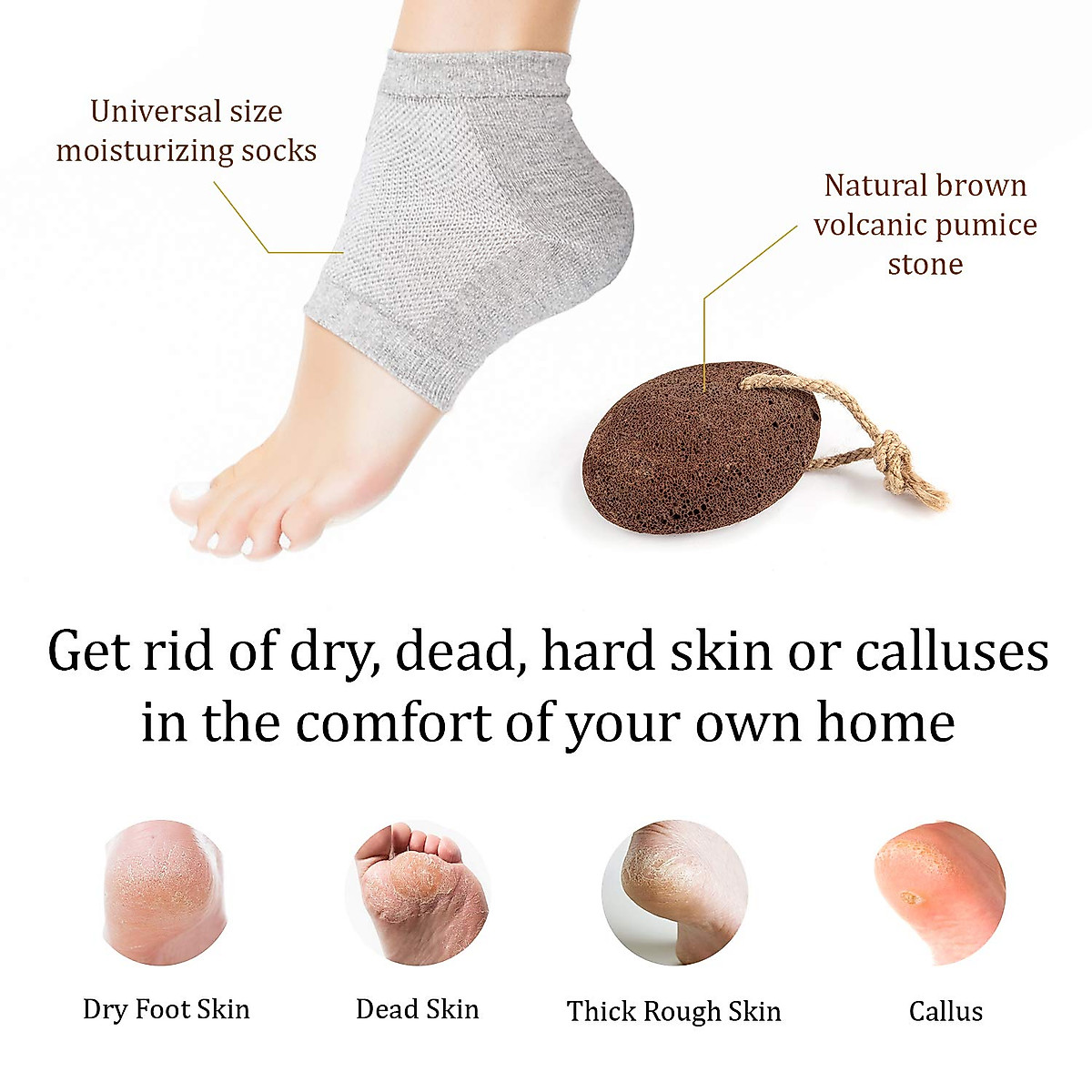Pumice Stone for Feet & Moisturizing Heel Sleeves - Natural Lava Foot Stone Callus Removing Set - Cracked Heel Treatment - Foot Care Kit for Dry Cracked Feet Body Hands