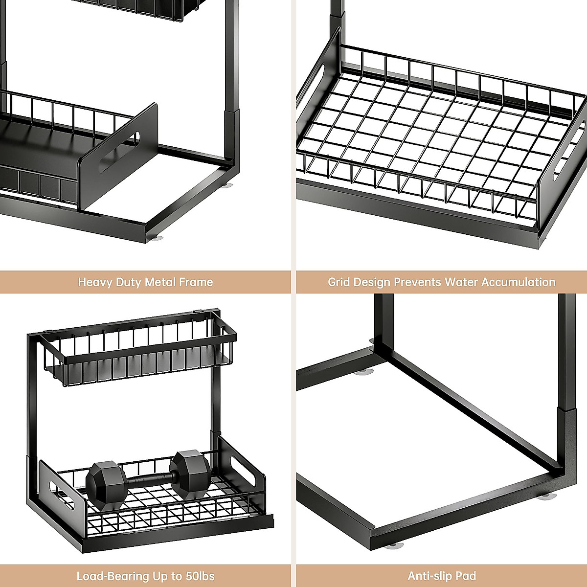 VUSIGN Under Sink Organizer and Storage 2 Pack, Slide Out Cabinet Organizer, Pull Out Sink Shelf for Kitchen Bathroom Laundry, Black