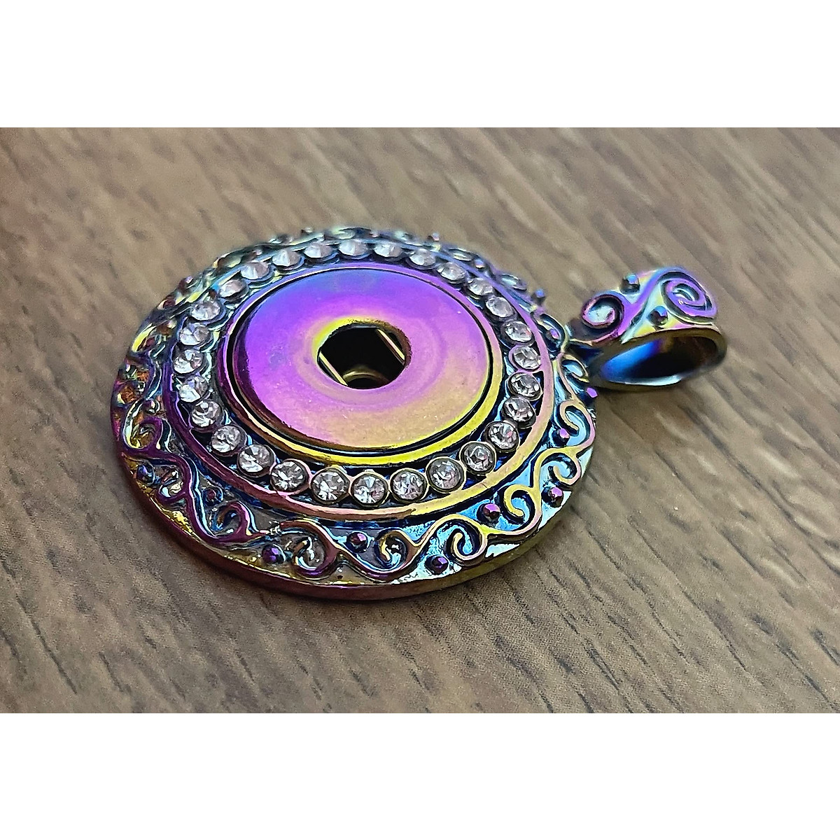 My Prime Gifts Interchangeable Snap Jewelry Round Shape Rhinestone Rainbow Oil Slick Bail Pendant fits 18-20mm Standard Size Ginger Style Charms, Rainbow, White, Clear (GJP4105)