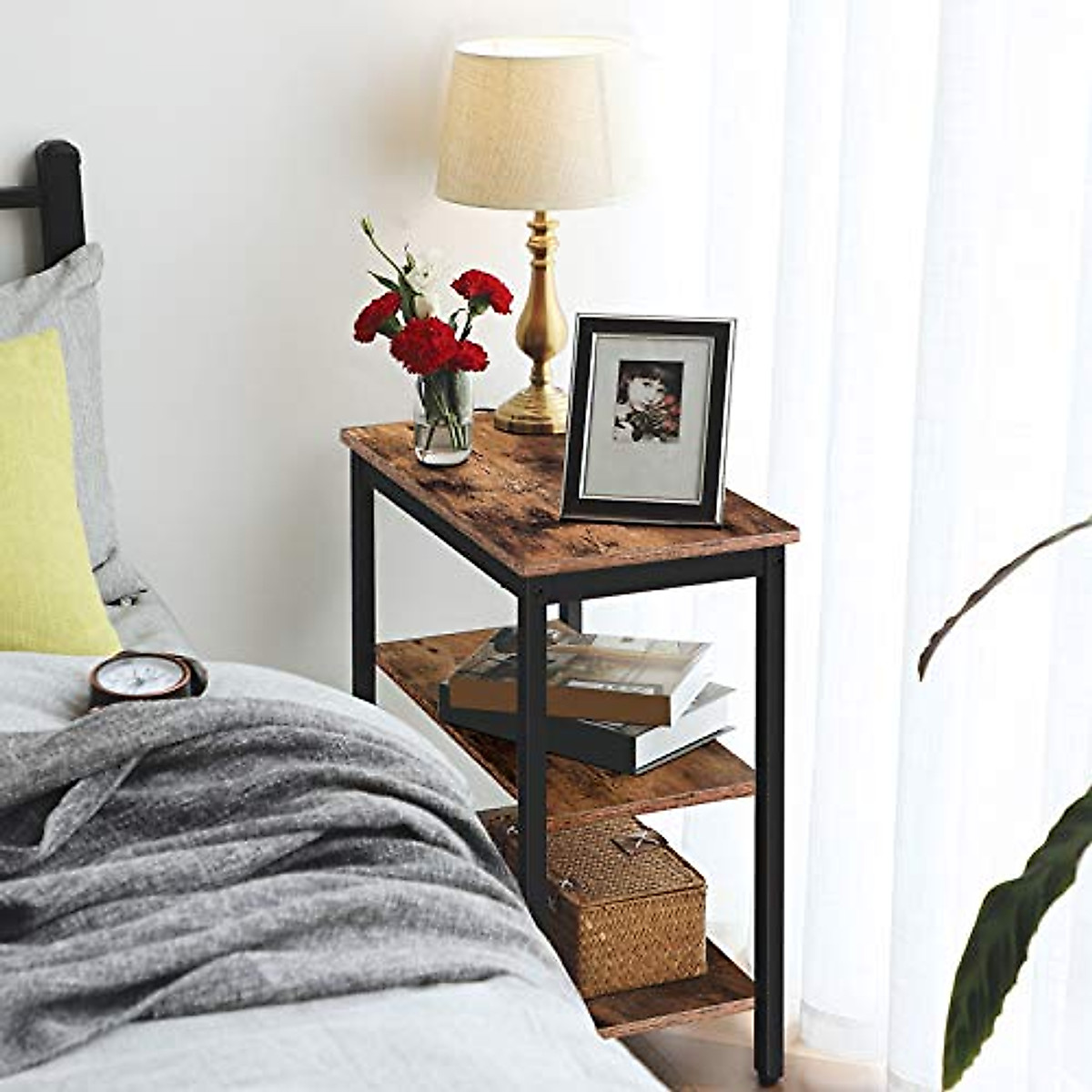 HOOBRO End Table, Simple Rustic Side Table with 3-Tier Storage Shelf, Narrow Nightstand for Small Spaces, Easy Assembly, for Living Room, Entryway, Industrial Design, Rustic Brown and Black BF14BZ01