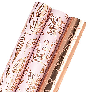 LeZakaa Metallic Wrapping Paper Roll - Pink and Rose Gold Love Print for Valentine‘s Day, Bridal Shower, Wedding, Birthday - 30 inch x 120 inch x 3 Roll
