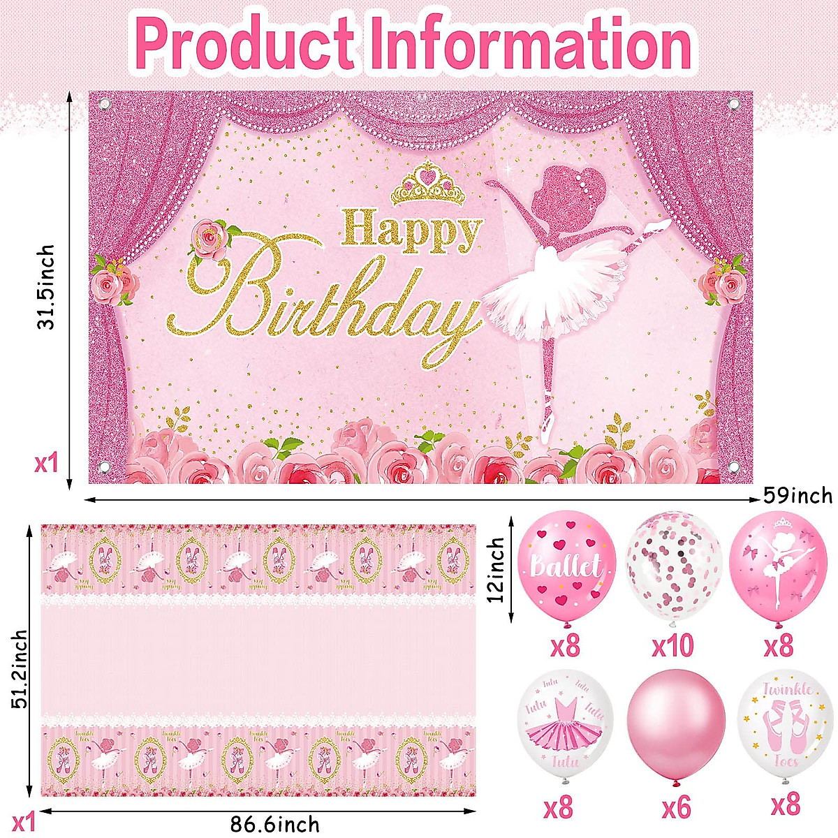 50 Pcs Ballerina Birthday Party Supplies Ballerina Tablecloths Ballet Balloon Ballerina Backdrop Tutu Girl Birthday Party Decorations Pink Ballerina Balloon Arch Kit for Baby Shower Wedding Supplies