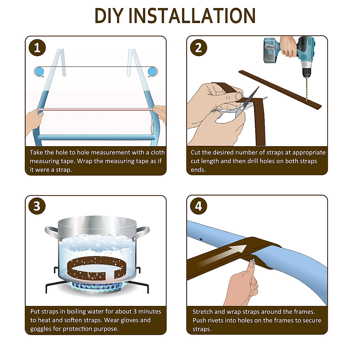 Lumpro Vinyl Straps for Patio Chair Repair Kit 2'' Wide 10 Ft Long Replacement Straps + 20 Free Rivets for Outdoor Lawn Furniture Chaise Lounge Repair (Brown)