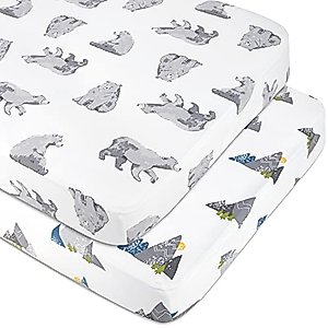 Standard Microfiber Fitted Crib Sheets for Baby Girl, Baby Boy, and Neutral, 2 Pack Crib Sheets Crib Essentials for Baby 28x52 Crib Sheets (Bears & Mountains)