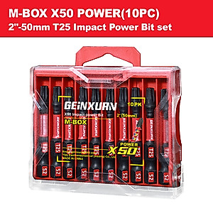 Geinxurn 10 Pieces 2 In. T25 Impact Tough Magnetic Screwdriver Bit Set, #25 Torx Head Power Bits, S2 Alloy Steel Star Bits with Storage M-Box