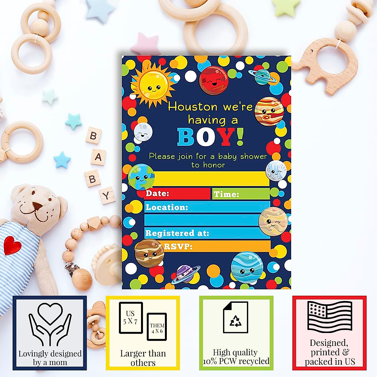 Outer Space Planets Themed Baby Sprinkle Baby Shower Invitations for Boys, 20 5x7 Fill In Cards with Twenty White Envelopes by AmandaCreation