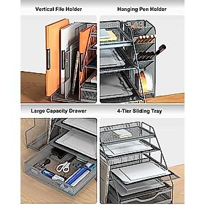 VIVSOL Silver Desk Organizer and Accessories Storage with 5-Tier Paper Letter Tray, Mesh Desktop Organizer with Pen Holder and Sliding Drawers for Office, School, Home to Collect Office Supplies