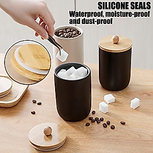 JiatuA Qtip Holder Dispenser with Bamboo Lids, Matte Black Ceramic Apothecary Jar Containers Cotton Ball Holder for Vanity Makeup Organizer Bathroom Canister Storage Farmhouse Decor, 2 Pack