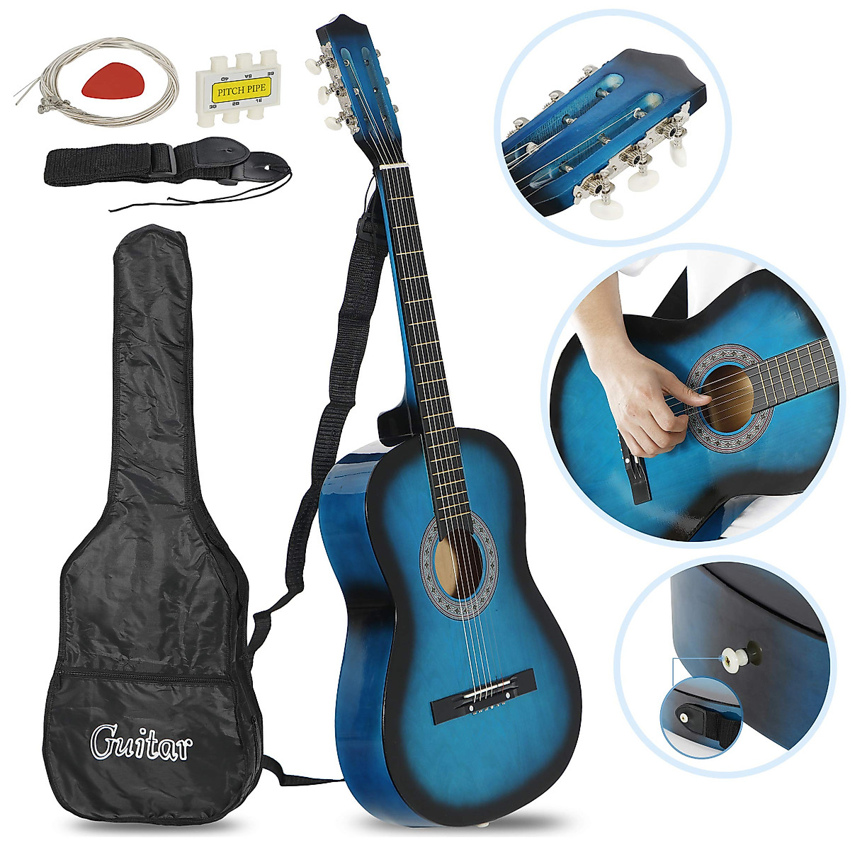 Smartxchoices 38" Kids Acoustic Guitar Bundle Kit for Starter Beginner Music Lovers, 6-String Folk Guitar with Gig Bag, Extra Set Steel Strings, Strap, Pitch Pipe and Pick (Blue)