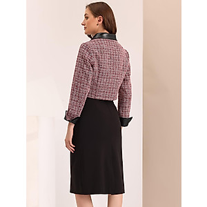 Allegra K Tweed Plaid Blazer for Women's Contrast Collar Double Breasted Vintage Cropped Jackets X-Large Red