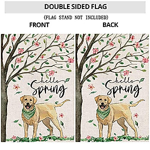 Hello Spring Dog Garden Flag 12x18 Inch Double Sided,Golden Retriever Under The Tree Small Yard Flag for Outdoor,Summer Seasonal Decors for Farmhouse Holiday Outside