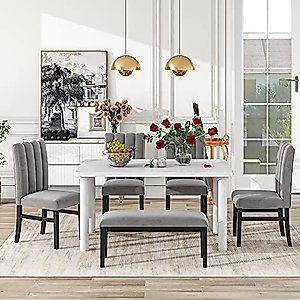 LIADTOP Set 6 Pieces, Rectangular Marble Veneer Table and 4 Flannelette Upholstered Dining Chairs & Bench, Kitchen Living Room Furniture Elegant Style,White+Gray