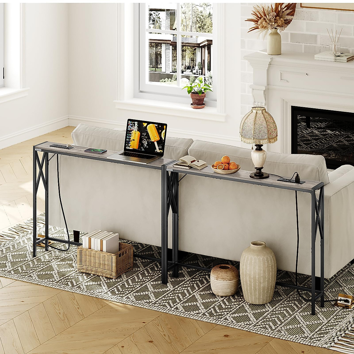 MAHANCRIS 2 Pack Sofa Table with Charging Station, 39.4” Console Table, Narrow Entryway Table, Slim Hallway Table, Retro Couch Table, for Entrance, Foyer, Living Room, Hallway, Greige CTHG151E01S2