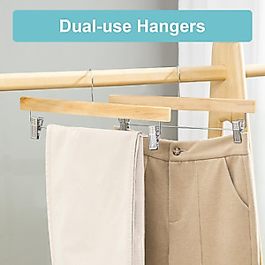 BAGAIL Wooden Pants Hangers with Adjustable Clips, 360°Swivel Hook Space Saving Skirt Holders with Anti-Rust Clips for Trousers, Jeans, Shorts (20Pack Natural)
