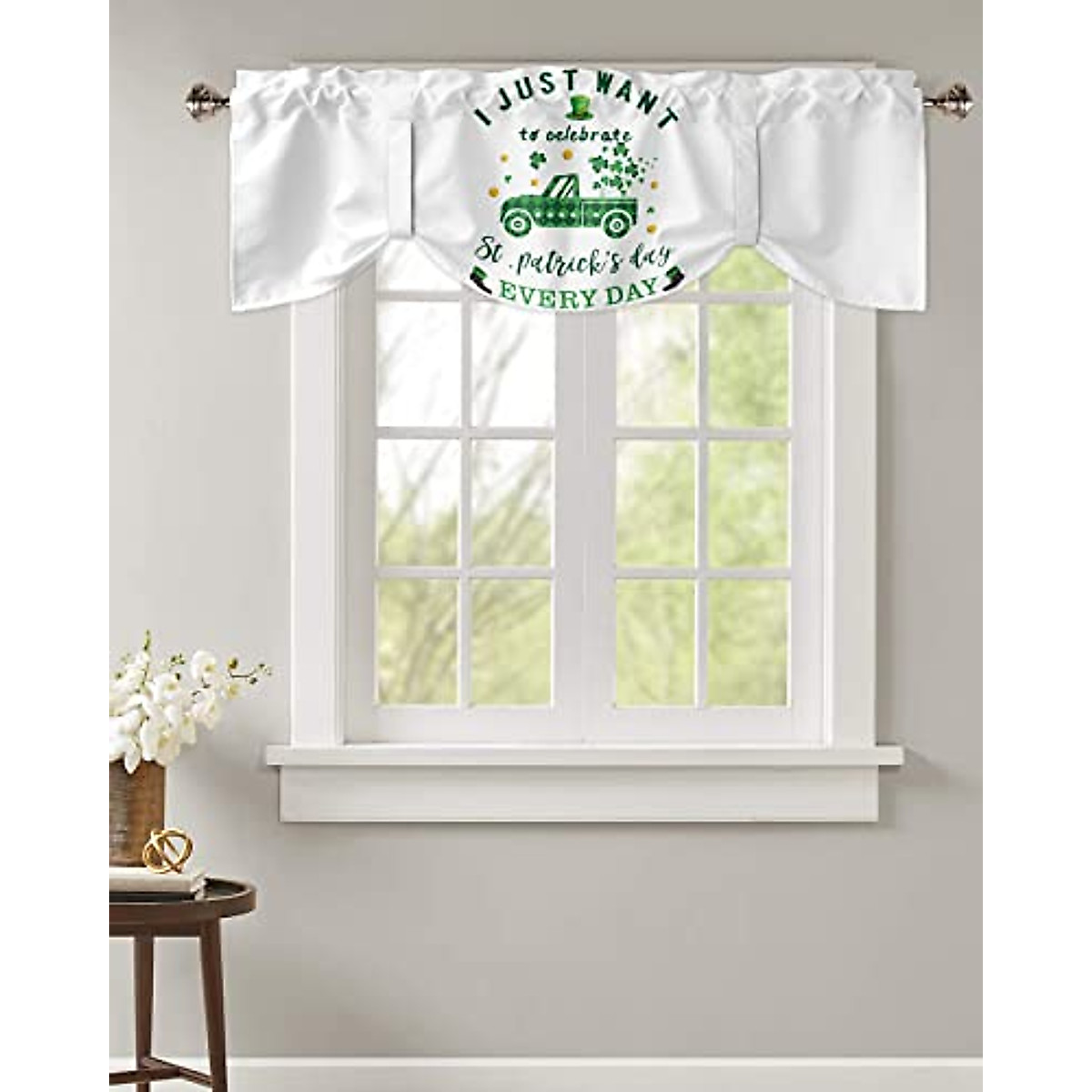 Tie Up Curtain Valances Window Topper,Shade Valance for Kitchen Windows St. Patrick's Day Plaid Truck with Clover and Gold Coins Rod Pocket Tie-up Curtains Window Treatment Drapes White 42"x18"