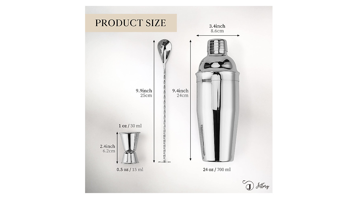 Jettory Cocktail Shaker Set - 3-Piece Mixology Bartender Kit with 24 oz ...
