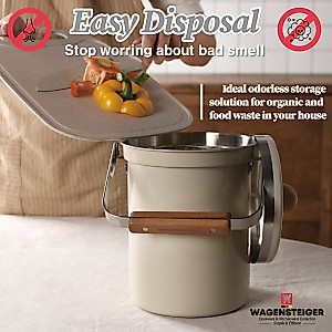 WAGENSTEIGER Kitchen Countertop Compost Bin 96 oz/3 Liter Airtight Lid SUS304 Premium Stainless Steel Odor-Free Food Waste Bin with Wooden Handle Stylish Design Modern Kitchen (Off-White)