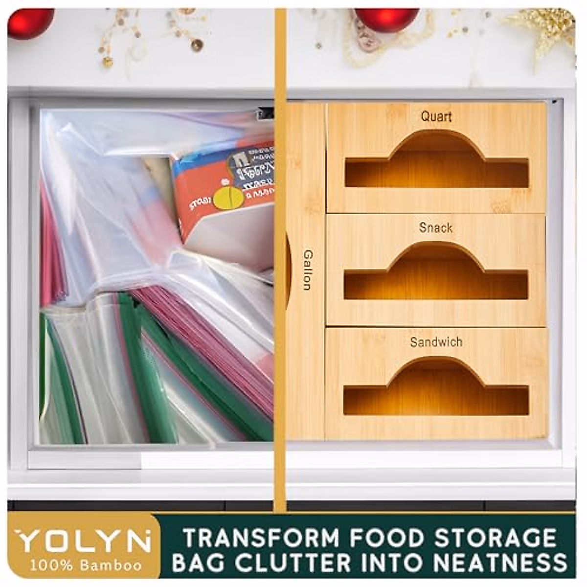 YOLYN Bamboo Kitchen Drawer Organizer Box - Baggie, Foil, Plastic & Wrap Food Storage with Dispensers & Cutters for Gallon, Quart, Sandwich & Snack Bags - 6 Pices set