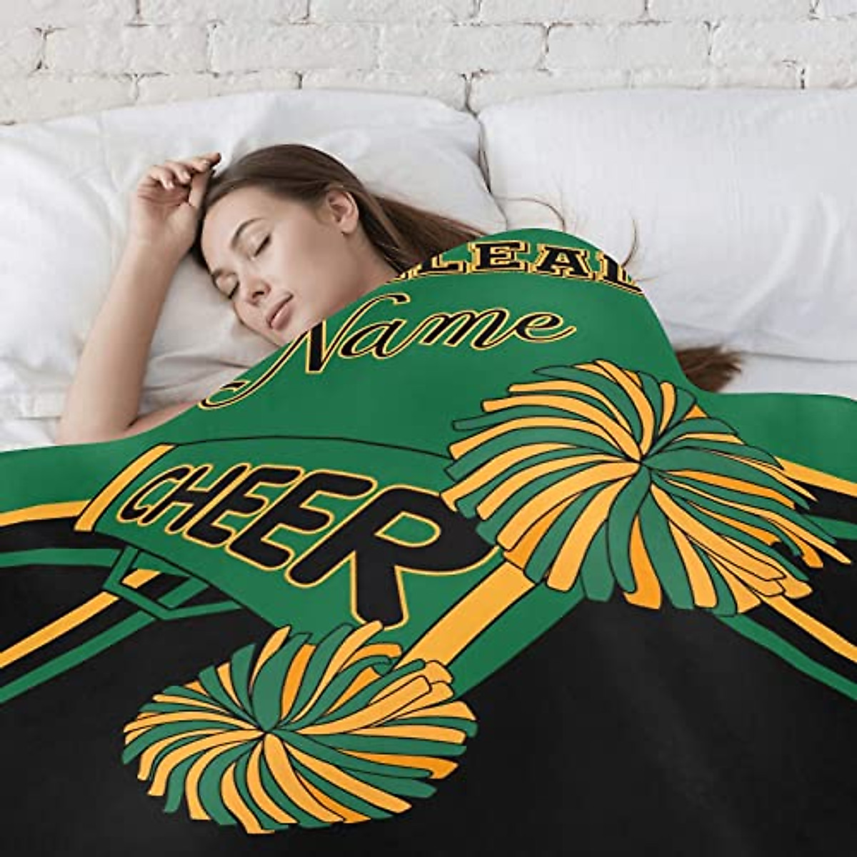Cheerleader Green Gold& Black Personalized Blanket with Name Soft Fleece Throw Blankets for Men Women Birthday Wedding Gift 60X80 inch