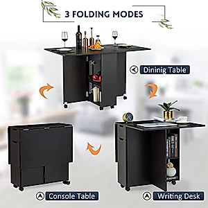 JOMEED Folding Dining Table with 6 Wheels, Drawer and 2-Layer Storage Shelf, Drop Leaf Table for Small Space Space Saving Dining Table for Kitchen, Living Room (Black Walnut)