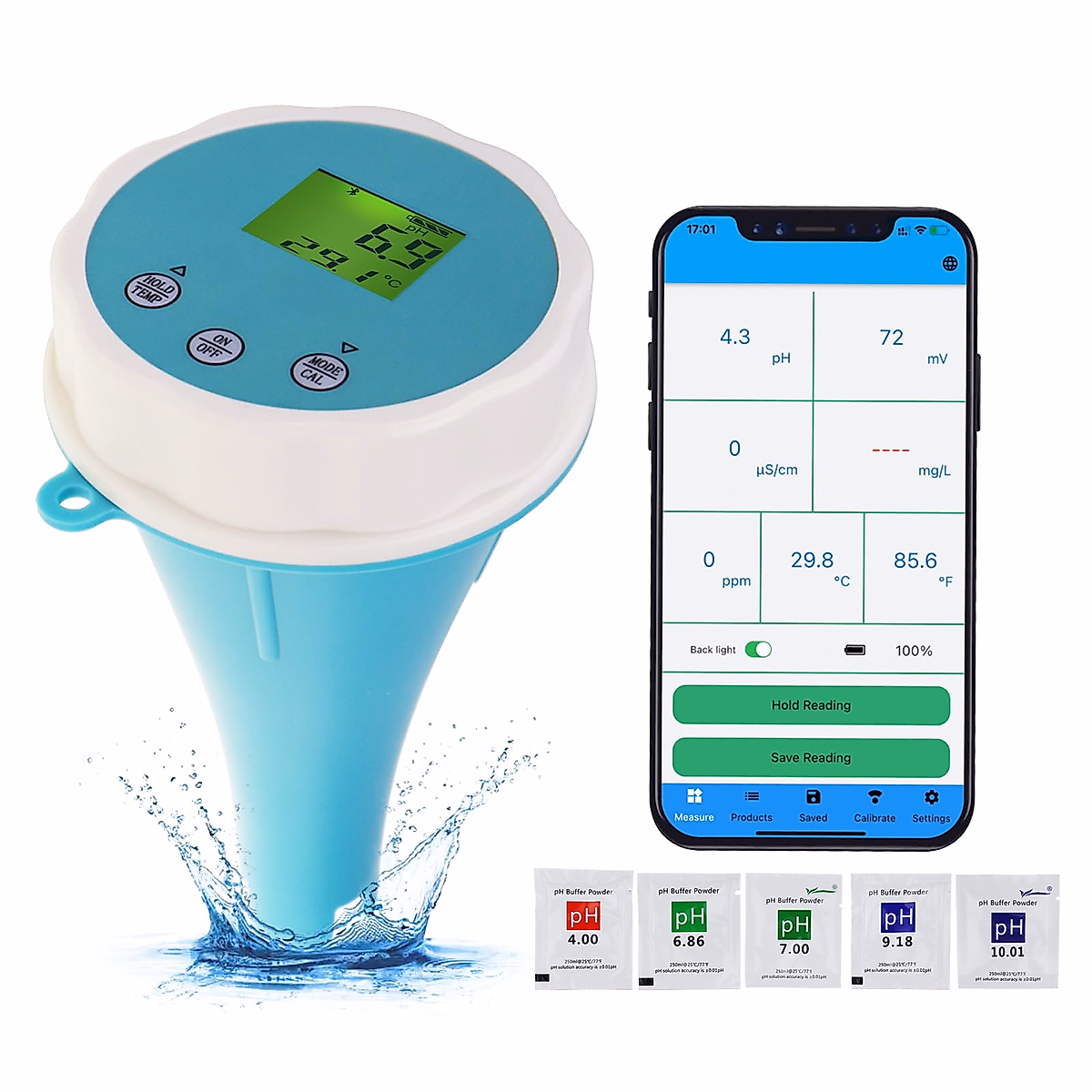 6-in-1 Bluetooth Swimming Pool Water Tester EC/Salinity/pH/ORP/Temperature/Chlorine Meter Wireless Floating Smart Pool Monitor Water Tester for Pools & Swim Spas