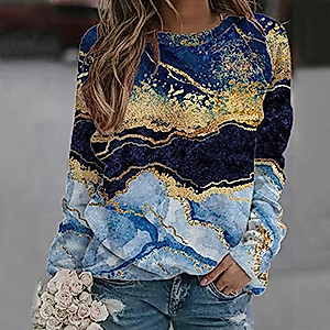 Winnerlion Long Sleeve Sweatershirts for Women Geometry Print Round Neck Stitching Sweatershirt Pullover Tops (Blue A, XXXL)