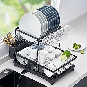 Reemix Dish Drying Rack, 2 Tier Dish Drainer with Removable Utensil Holder and Swivel, Durable High Carbon Steel Material, Larger Capacity, Easy Installation, Black