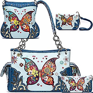 Butterfly Floral Western Purse Country Handbag Women Shoulder Bag Crossbody Wallet Card Holder 4 PCS Set (#2 Blue)