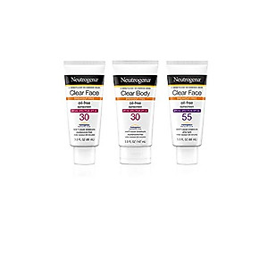 Neutrogena Clear Face Liquid Lotion Sunscreen for Acne-Prone Skin, Broad Spectrum SPF 55 with Helioplex Technology, Oil-Free, Fragrance-Free & Non-Comedogenic Facial Sunscreen, 3 fl. oz