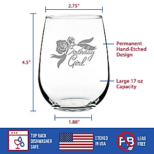 Birthday Girl - Stemless Wine Glass Birthday Gifts for Women - Bday Party Decor - Large 17 Oz Glasses