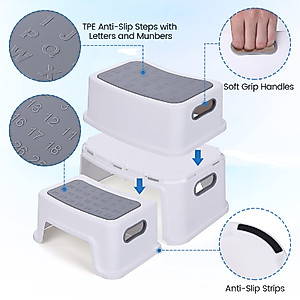 Two Step Stool for Kids with 2 PCS Faucet Extender, Babevy Toddler Step Stool for Potty Training, with Numbers/ABC and Handles, Anti-Slip Double Up Child Stool for Bathroom, Kitchen, Toilet (Grey)