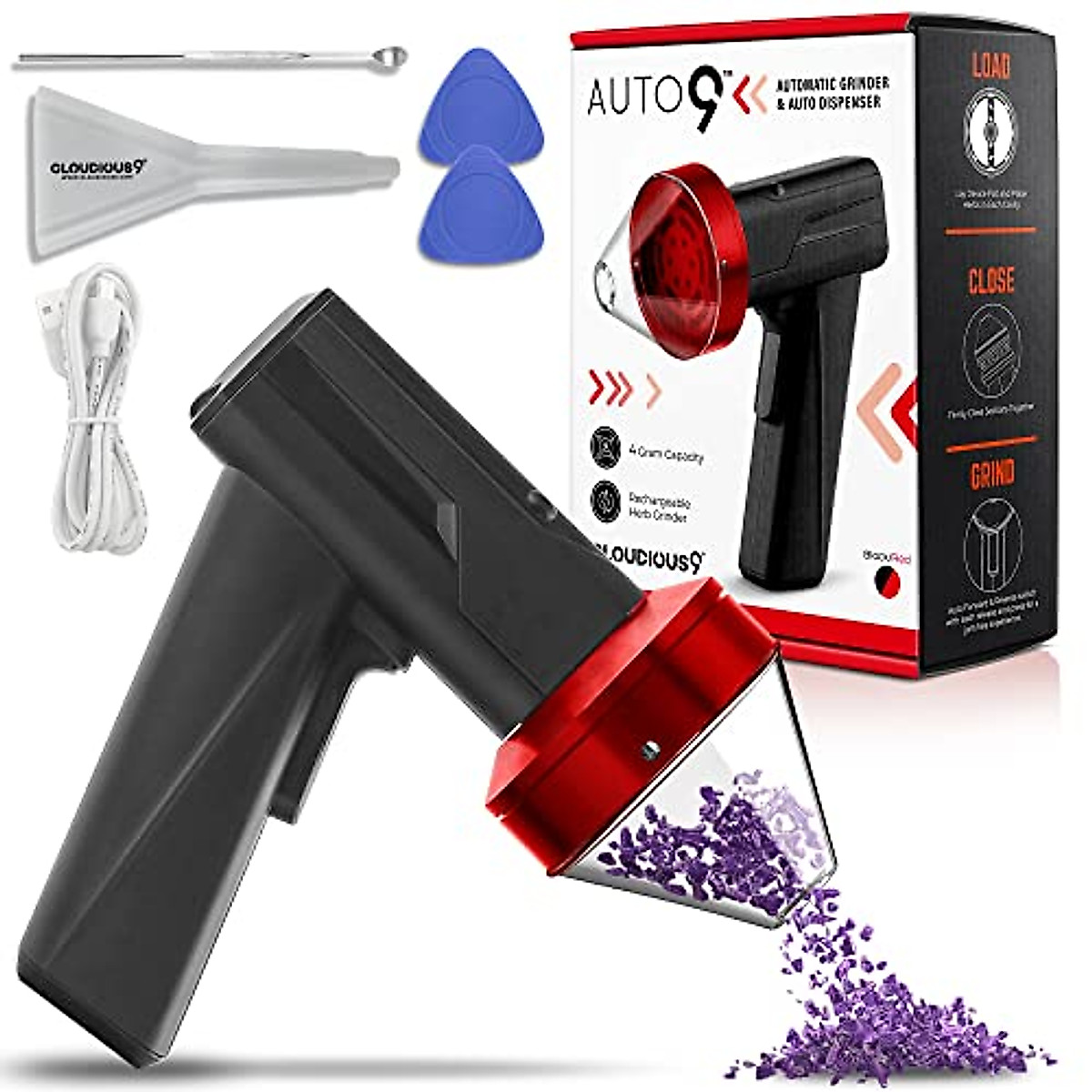 Auto9 2.5" Large Electric Grinder: Auto Spice Grinder with Auto Dispensing, Portable 4g Capacity with Two-Direction Rocker Switch Block Free(Black & Red)