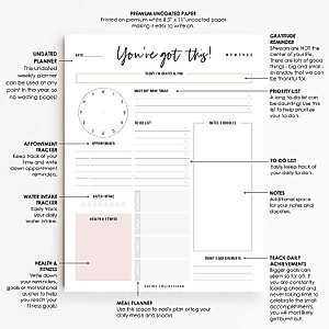 Bliss Collections Daily Planner, You've Got This, Undated Tear-Off Sheets Notepad Includes Calendar, Organizer, Scheduler for Goals, Tasks, Ideas, Notes and To Do Lists, 8.5"x11" (50 Sheets)
